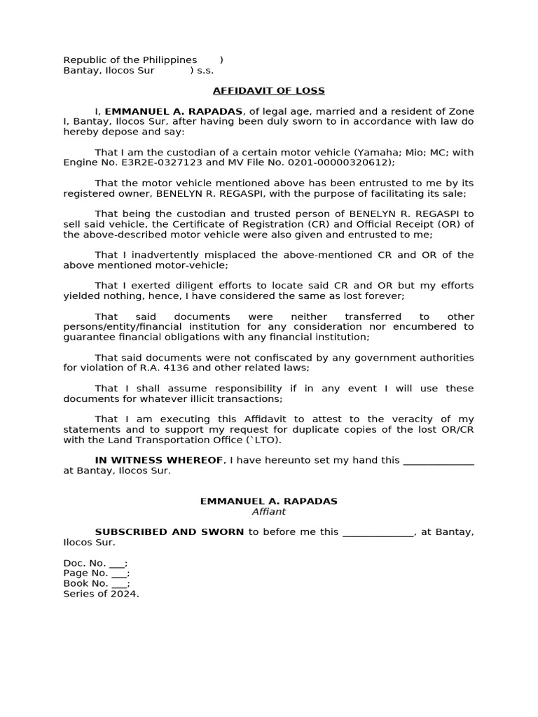 Affidavit of Loss (OR and CR) - EM | PDF