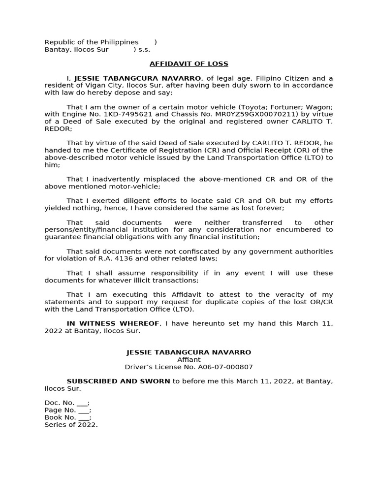 Affidavit of Loss (OR and CR) | PDF