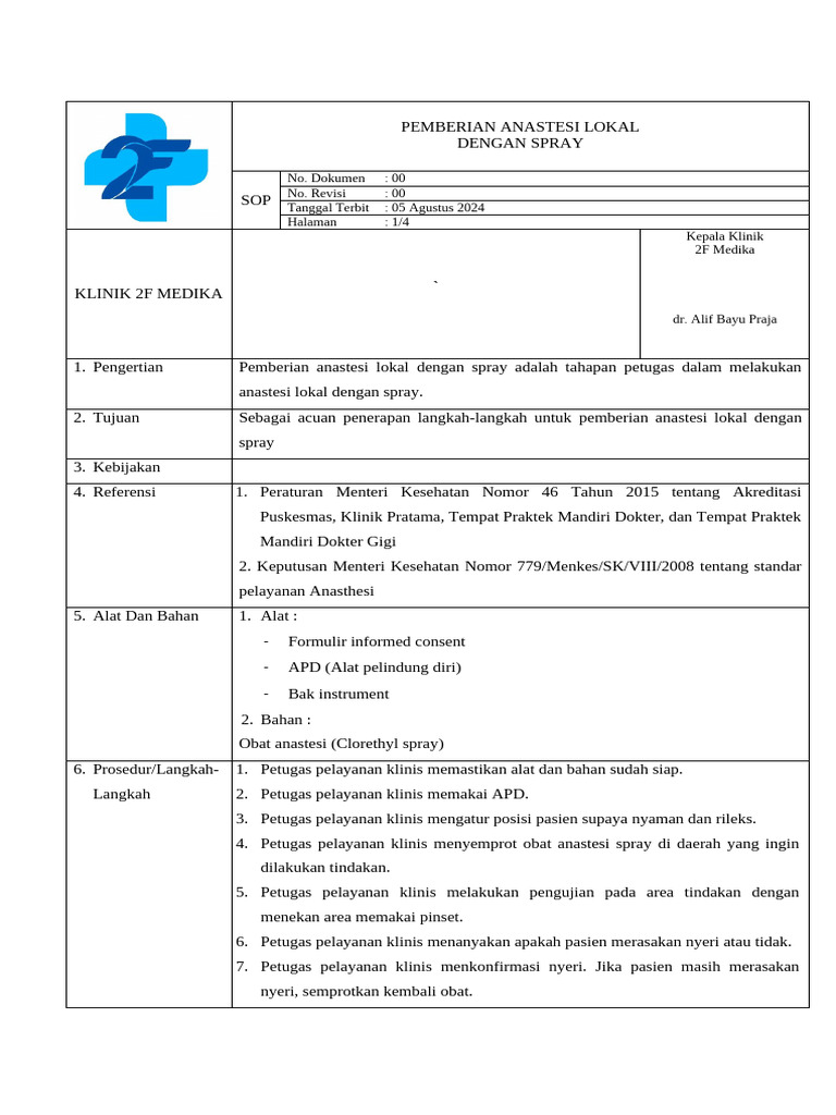 Prosedur Anestesi Lokal Spray Klinik | PDF | Pengembangan Diri
