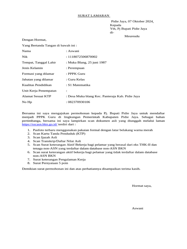 Surat Lamaran p3k Wani | PDF