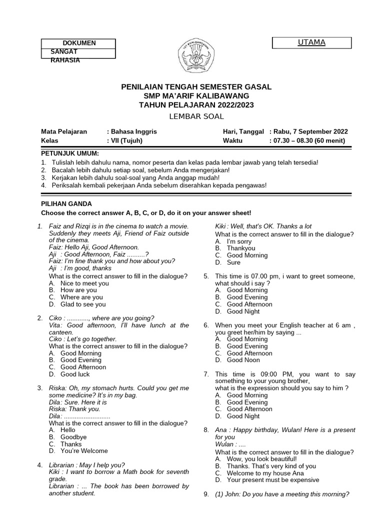 Soal Pts GSL 7 - Inggris (B) | PDF