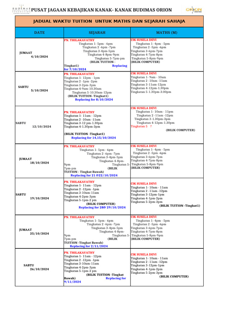 Tuition Timetable - October | PDF