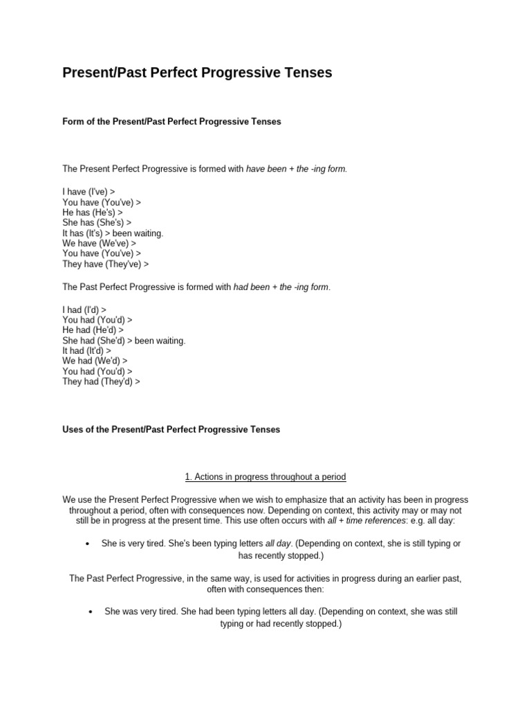 Present Past Perfect Progressive Tenses | PDF | Perfect (Grammar ...