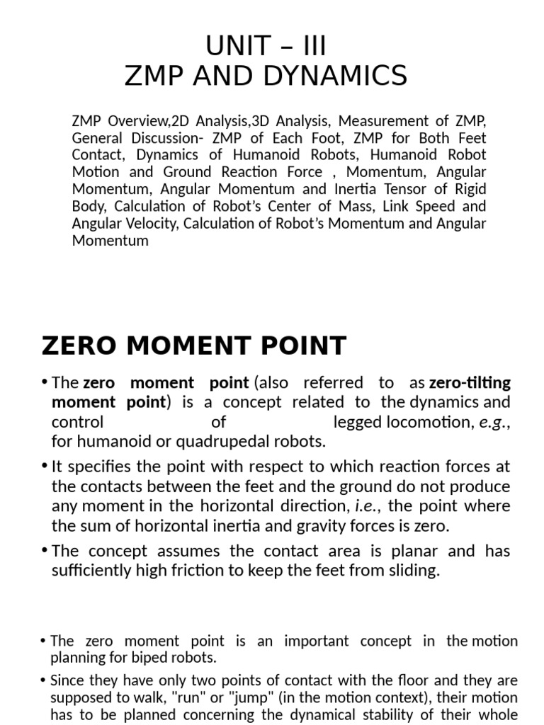 Unit - III ZMP & Dynamics | PDF | Mechanical Engineering | Mechanics