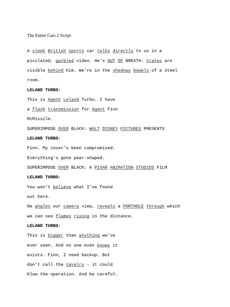 The Entire Cars 2 Script | PDF