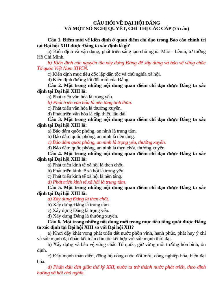 Câu hỏi về Đại hội Đảng và các NQ HNTW 4 (khóa XIII) | PDF