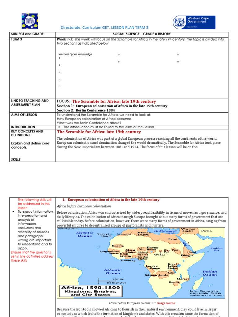Scramble for Africa: Grade 8 Lesson Plan | PDF | Colonialism | Africa