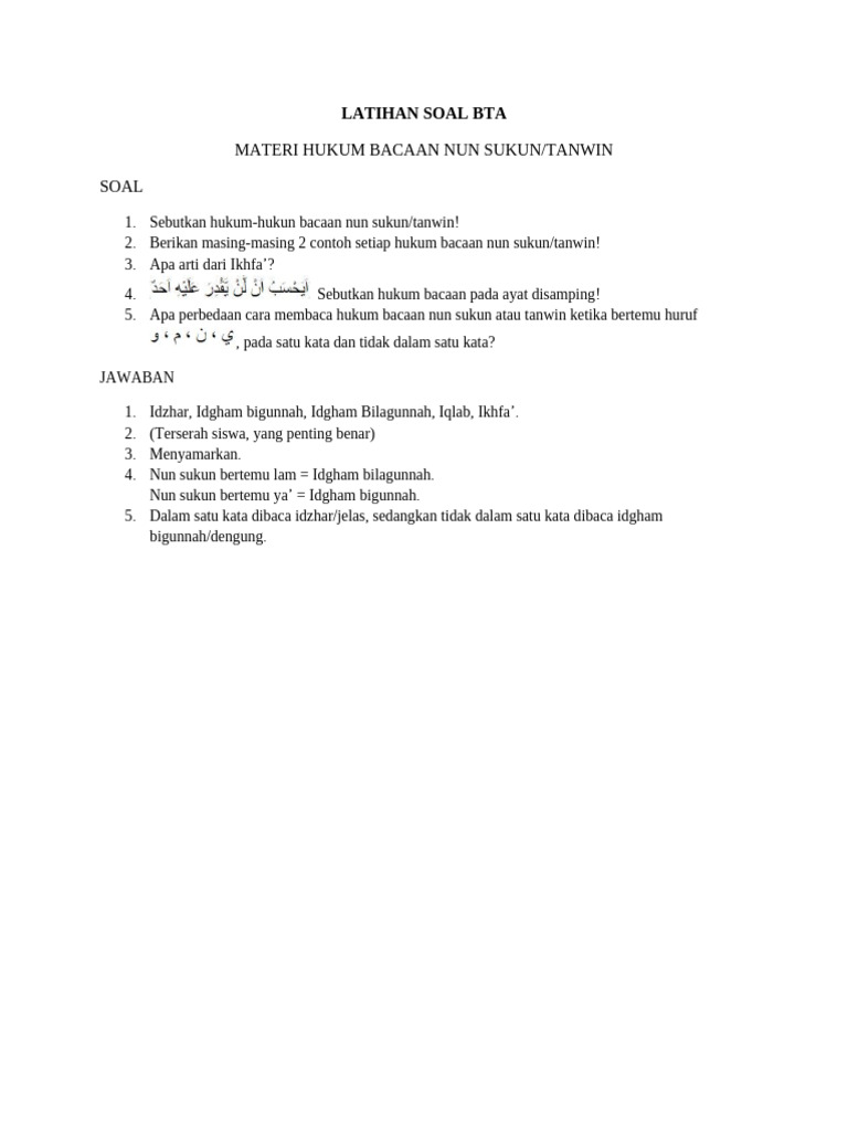 Latihan Soal Bta Materi Nun Sukun Tanwin | PDF