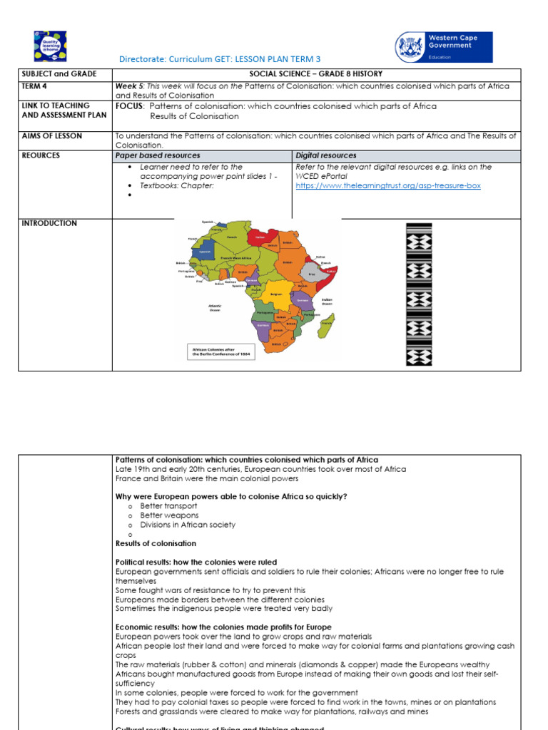 Lesson Plan GR 8 SS History T3 W5 | PDF | Africa | Colonialism