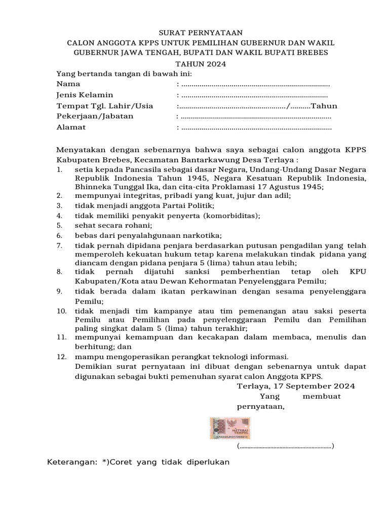 Surat Pernyataan Calon KPPS Terlaya | PDF
