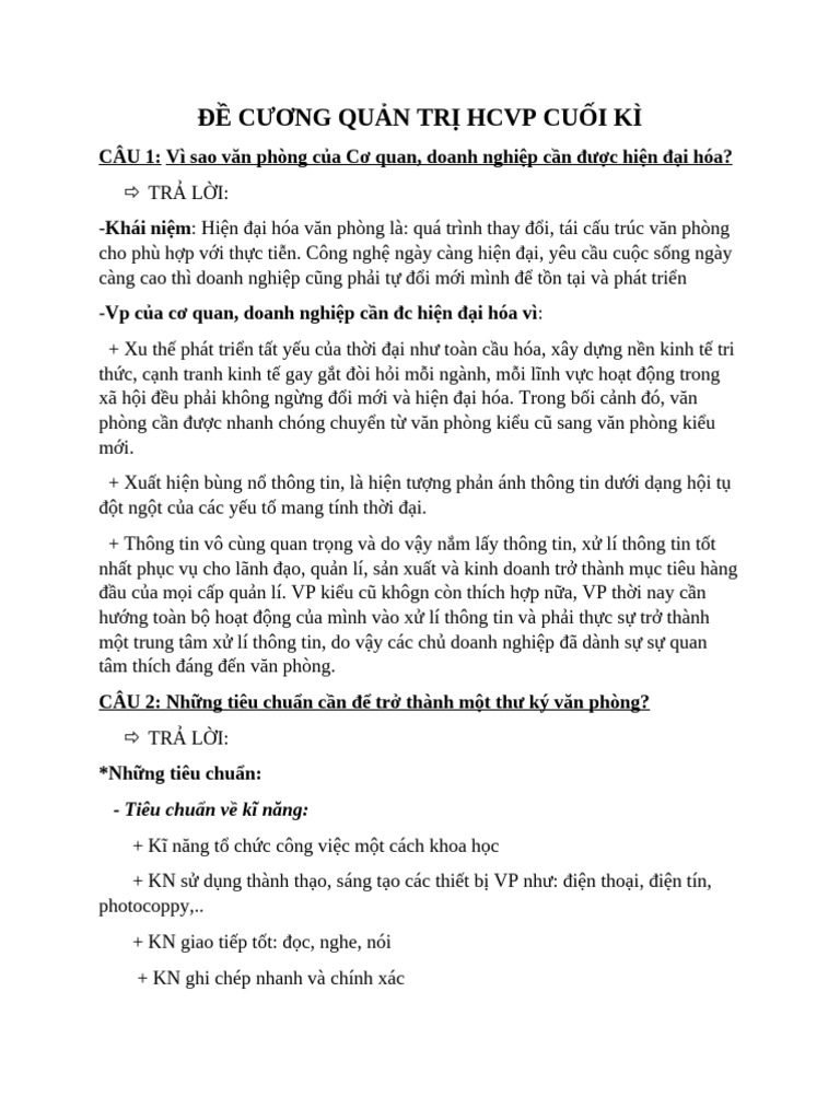 ĐỀ CƯƠNG QUẢN TRỊ HCVP CUỐI KÌ 10 | PDF