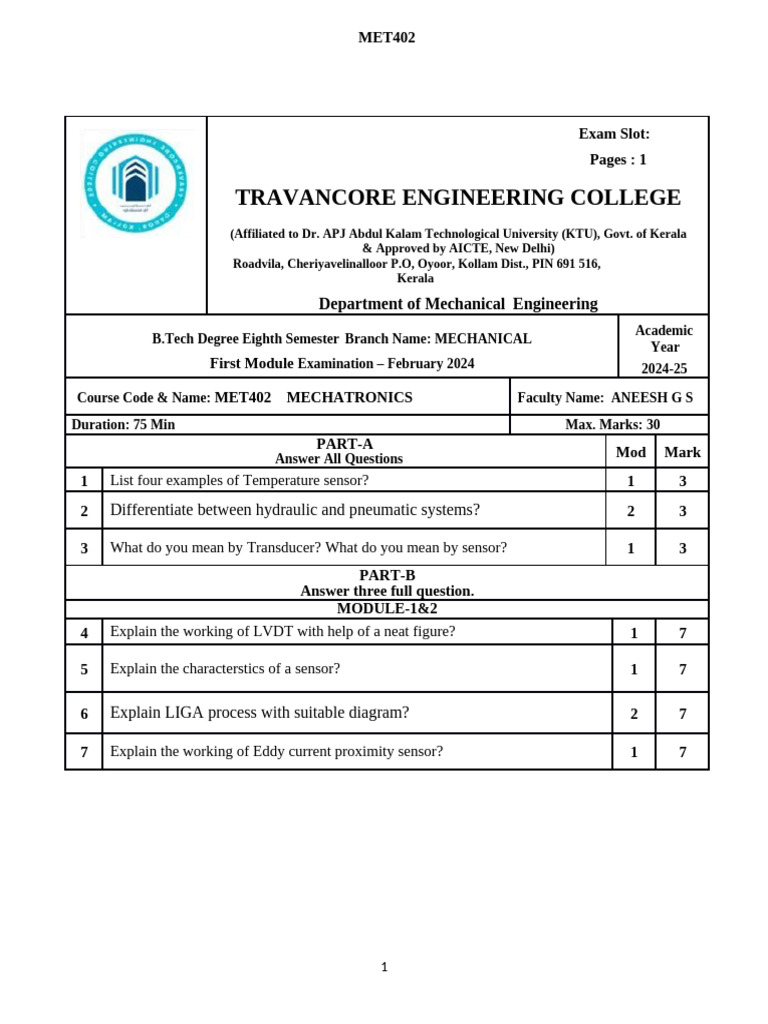 MET402 Mechatronics Exam February 2024 | PDF | Science & Mathematics
