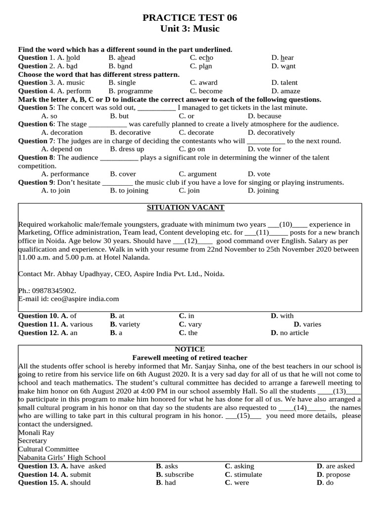 Practice Test 06 | PDF | Adolescence | Feeling