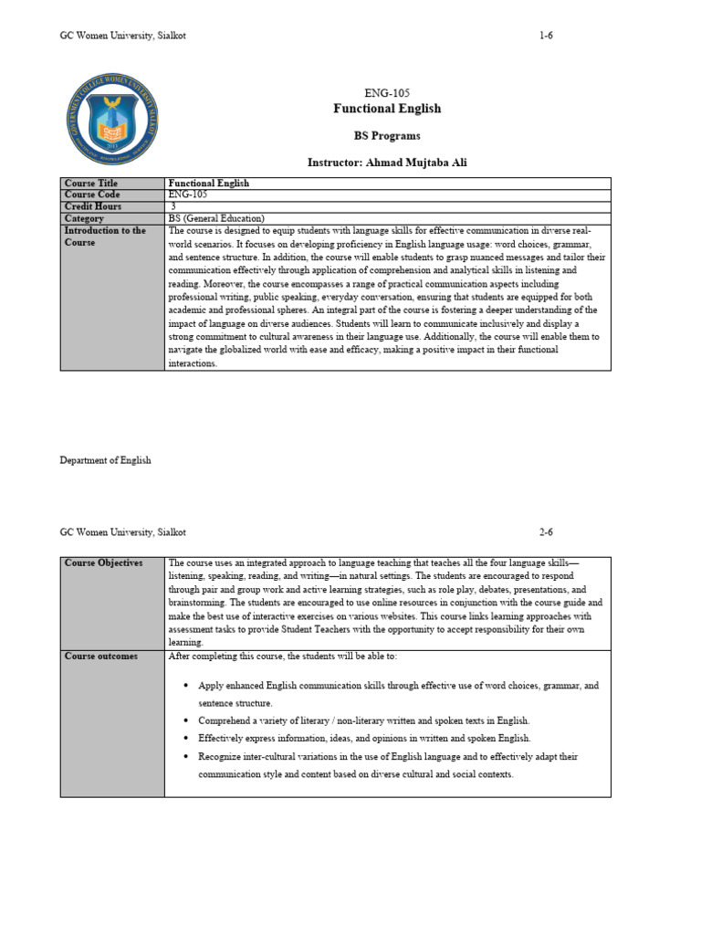 Course Outline-Functional English | PDF | Verb | Word