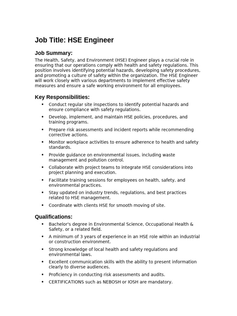 Hse Engineer | PDF | Occupational Safety And Health | Safety
