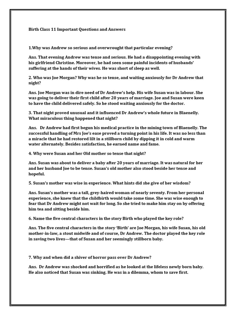 Birth Class 11 Important Questions and Answers | PDF | Self-Improvement