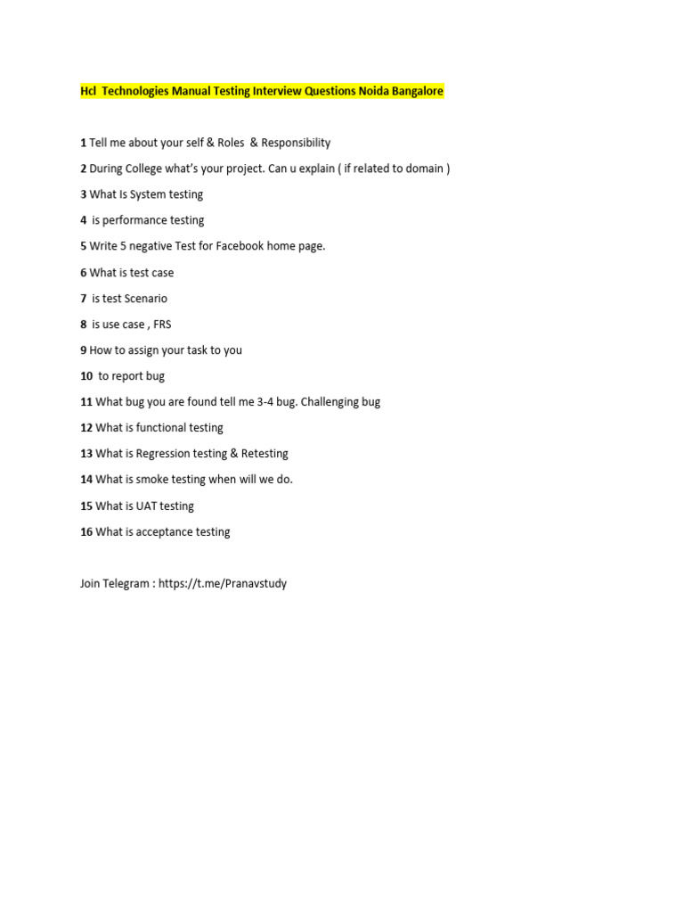 HCL Technologies Manual Testing Interview Questions Noida Gurgaon | PDF ...