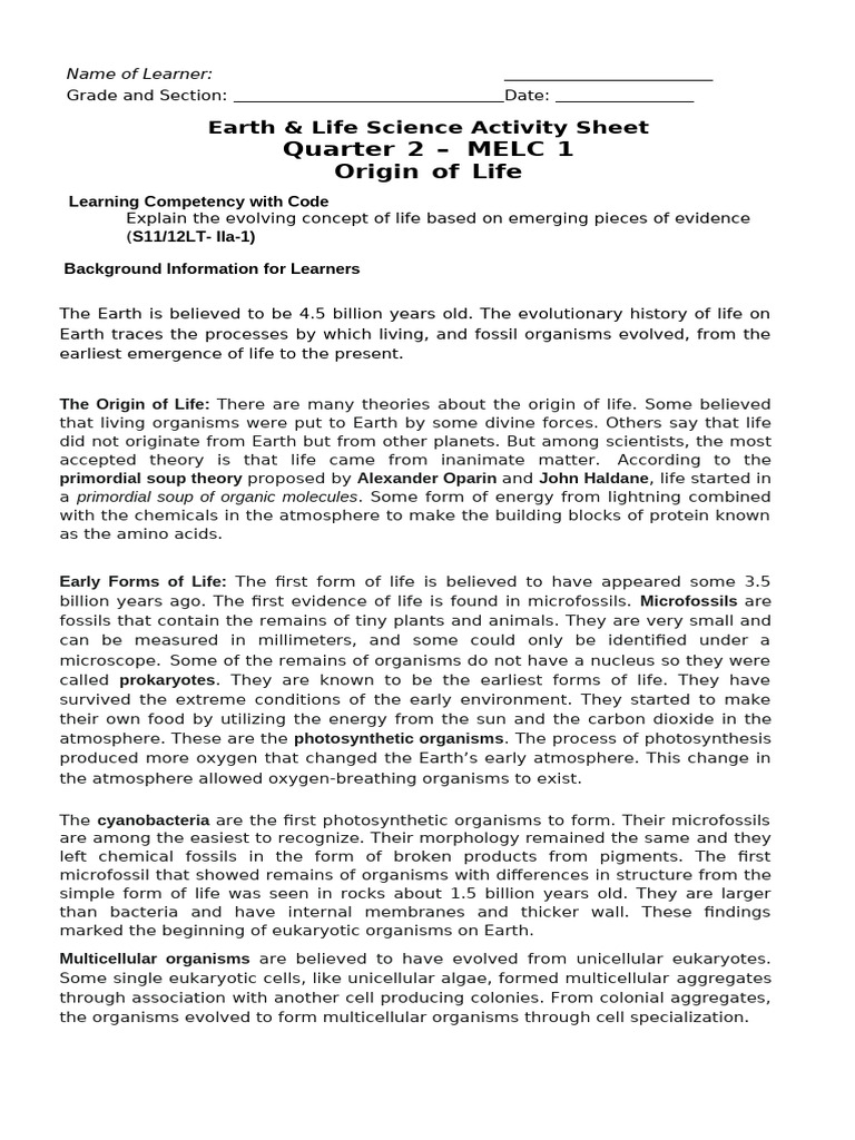 EARTH & LIFE SCIENCE Learning Activity Sheets No. 1- Q2 - Origin of Life | PDF | Life | Cell ...