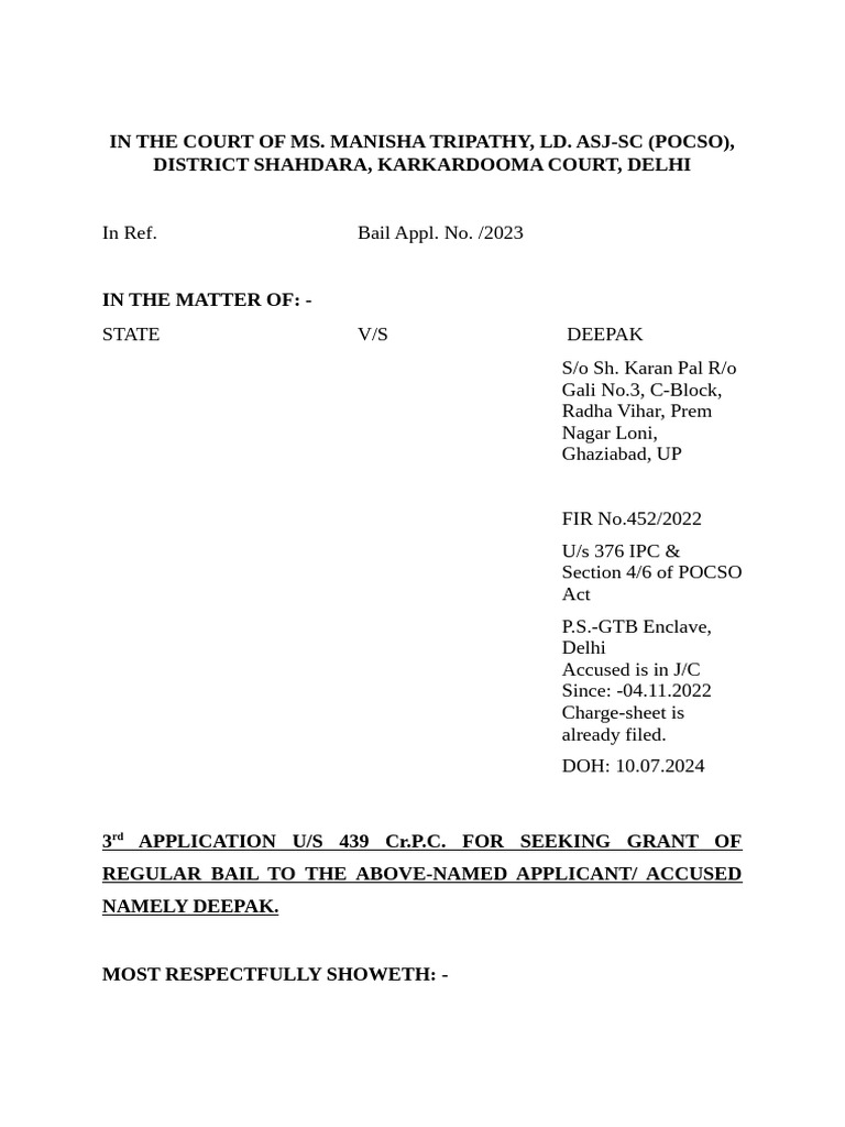 Deepak 3rd Bail Application | PDF | Bail | Arrest