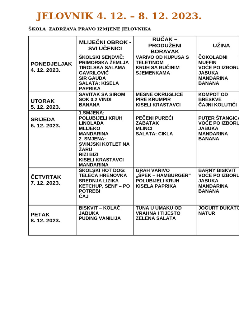 Jelovnik 4. 12. - 8. 12. 2023. | PDF