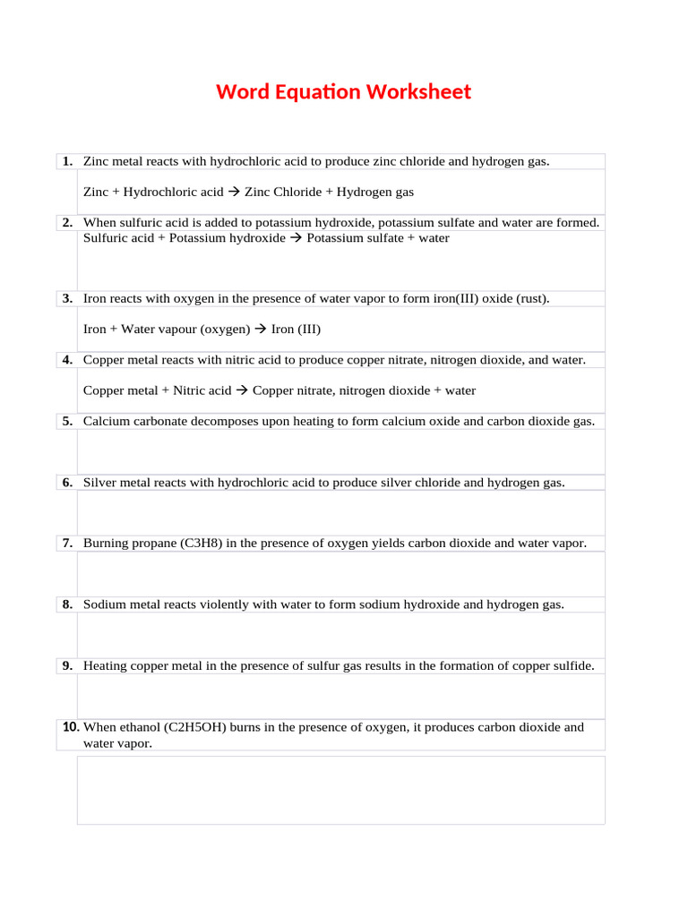 Word Equations Chemistry Worksheet | PDF