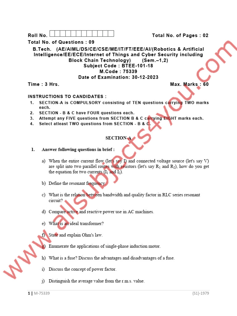 Btech Sem 1 and 2 Btee 101 18 | PDF | Transformer | Electrical Engineering