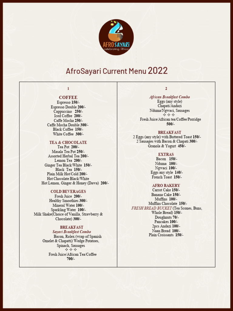 Afro Sayari Menu Prices 2022 | PDF | Salad | French Fries