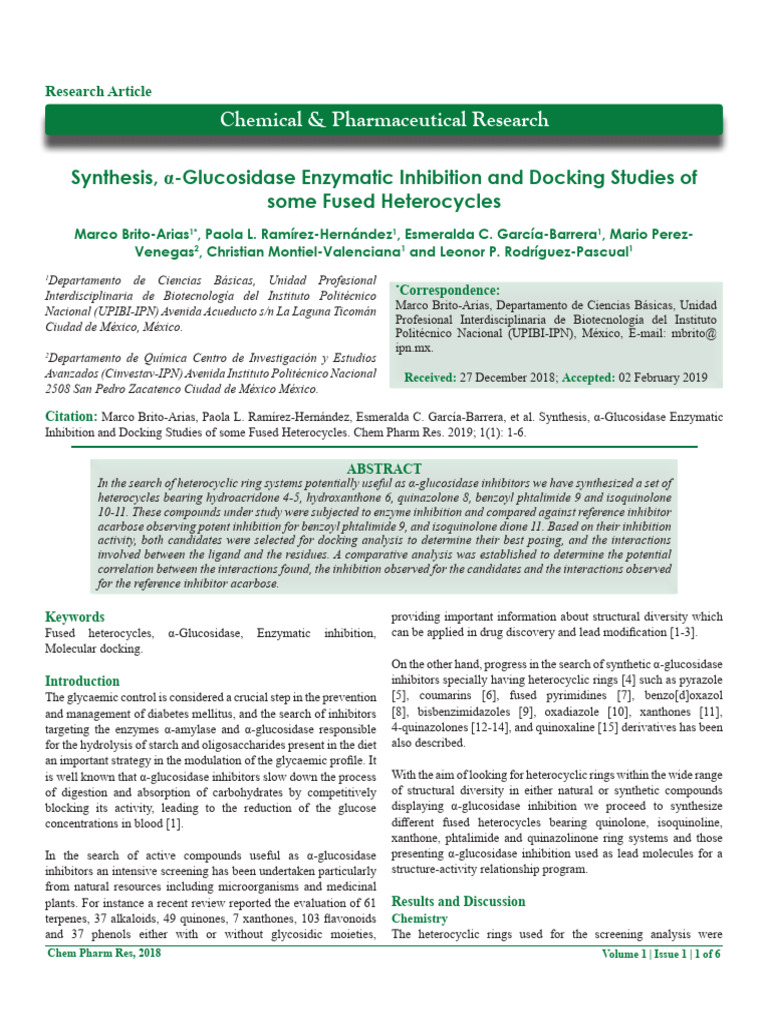 Synthesis, α-Glucosidase Enzymatic Inhibition and Docking Studies of some Fused Heterocycles ...