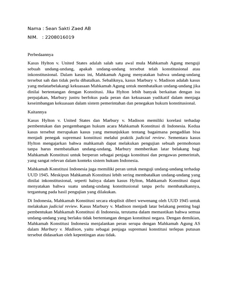 Hylton vs. Marbury: Pengaruh pada Hukum Indonesia | PDF
