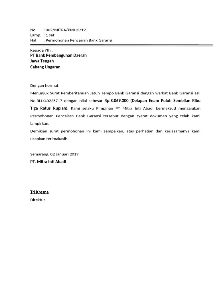 Permohonan Pencairan Bank Garansi 717 Bank Jateng | PDF