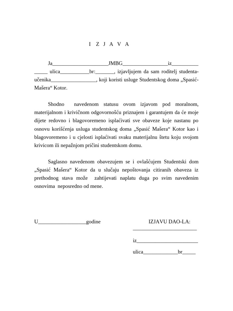 IZJAVA o Saglasnosti Roditelja | PDF