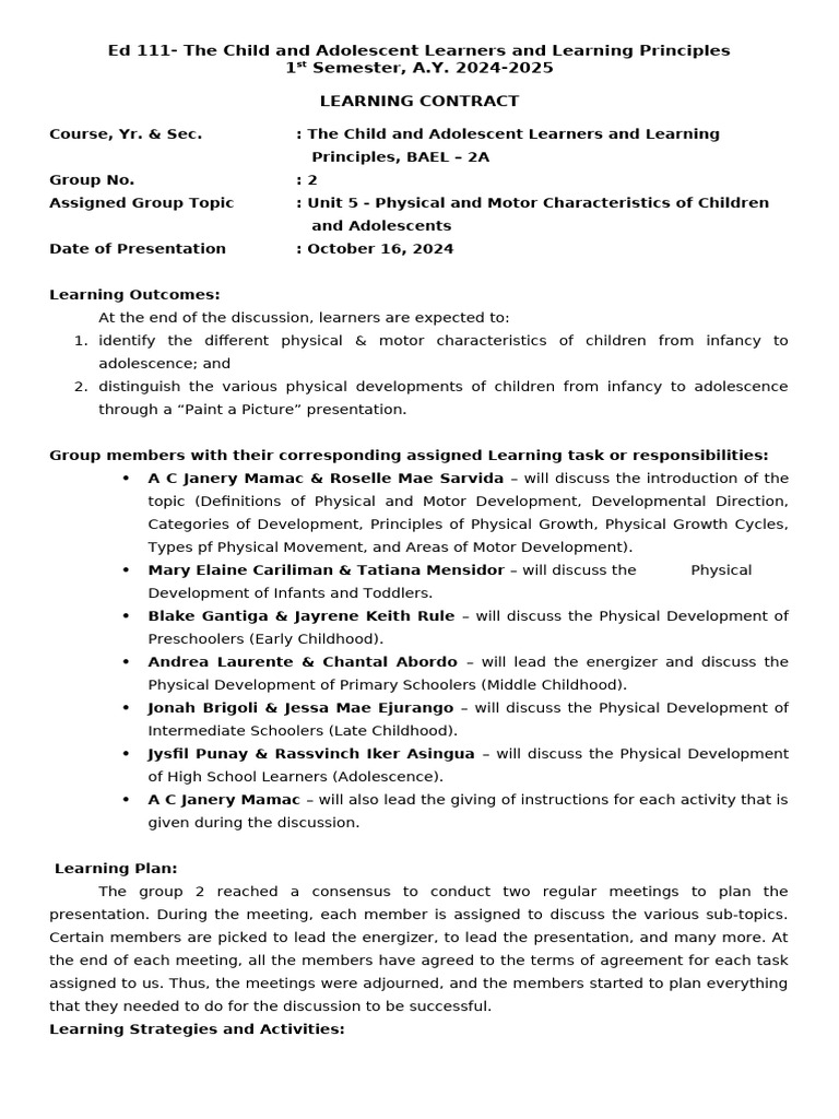 Group 2 Learning Contract | PDF | Adolescence | Human Life Stages