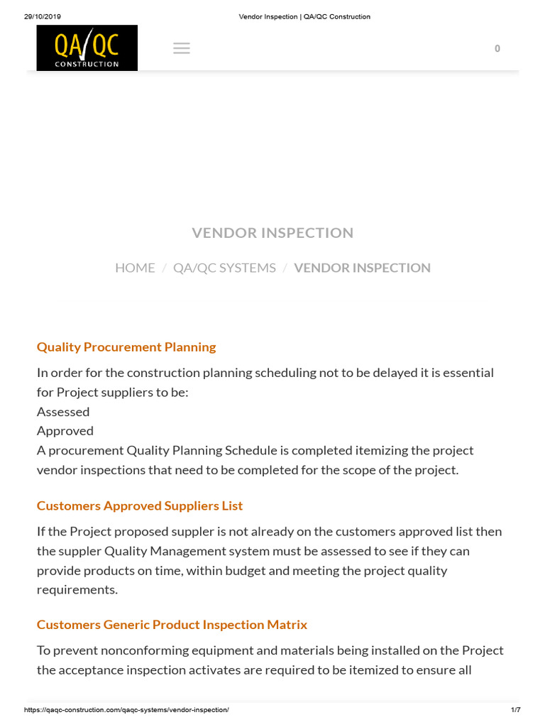 Vendor Inspection - QA - QC Construction | PDF | Quality Assurance ...