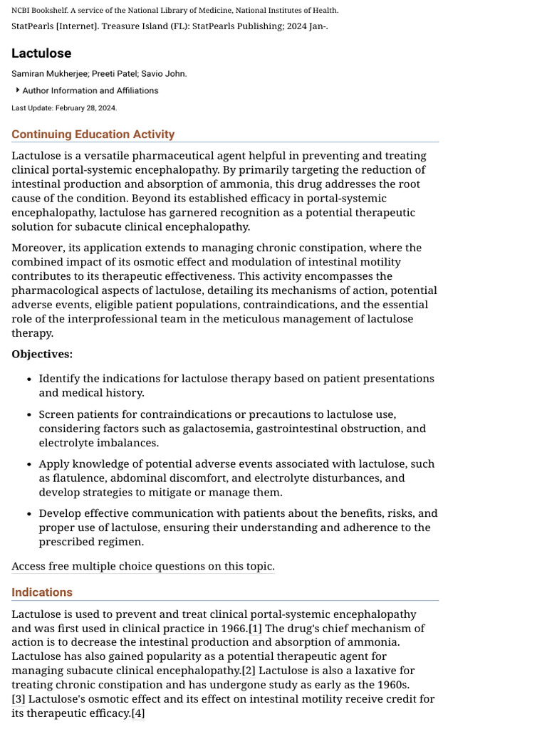 Lactulose StatPearls NCBIBookshelf 1728814054970 | PDF | Clinical Medicine | Medical Specialties