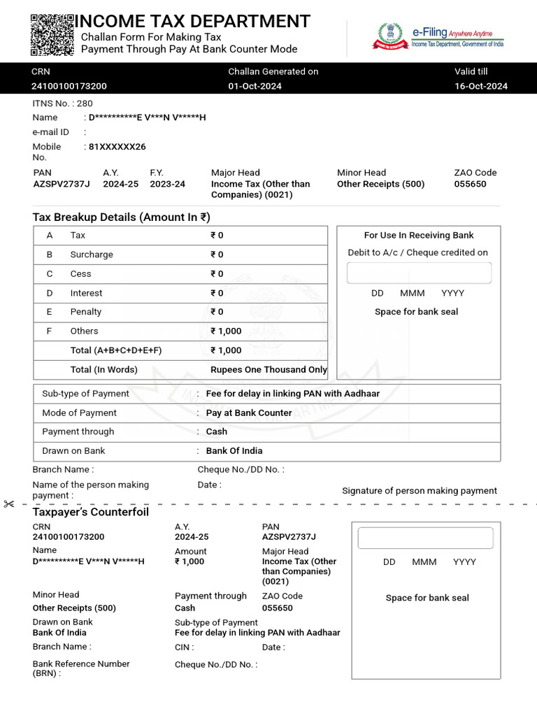Income Tax Payment Challan 2024-25 | PDF | Payments | Cheque