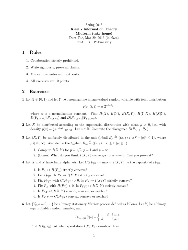 Information Theory Midterm Exercises | PDF | Mathematical Physics | Probability