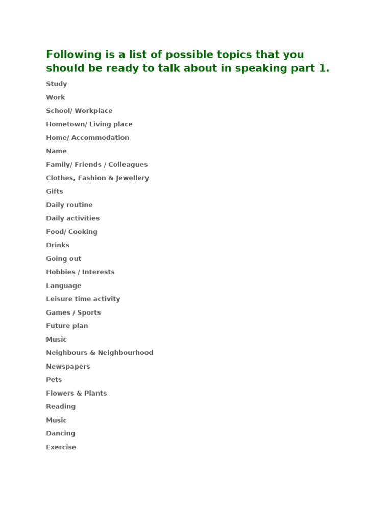 Ielts Speaking Questions Topics For Better Score | PDF