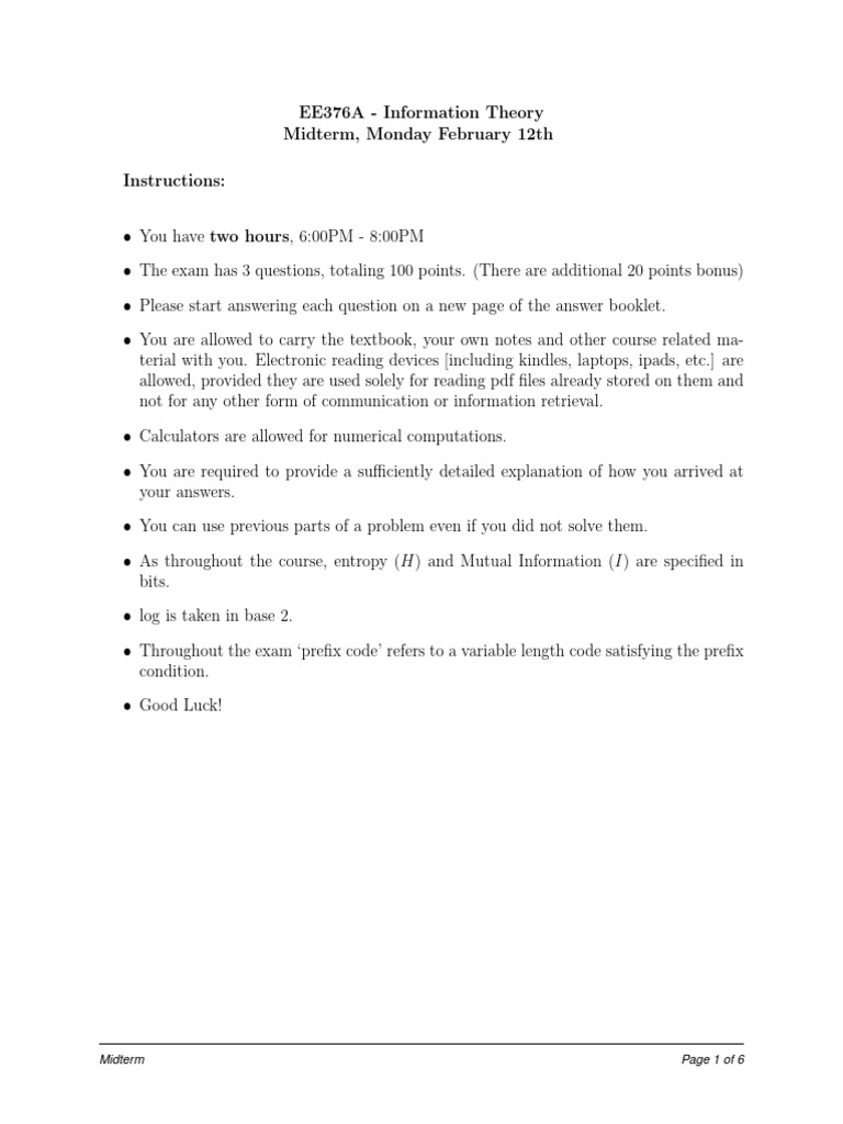 EE376A Information Theory Midterm Exam | PDF | Applied Mathematics | Mathematics