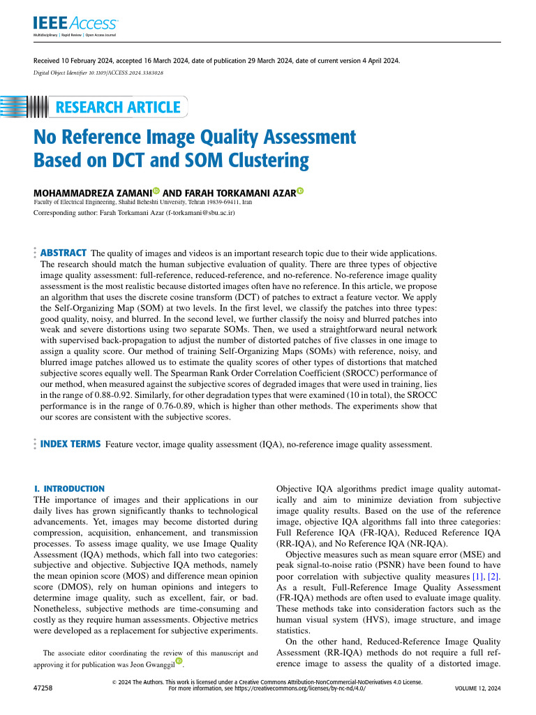 No Reference Image Quality Assessment Based On DCT and SOM Clustering | PDF | Applied ...