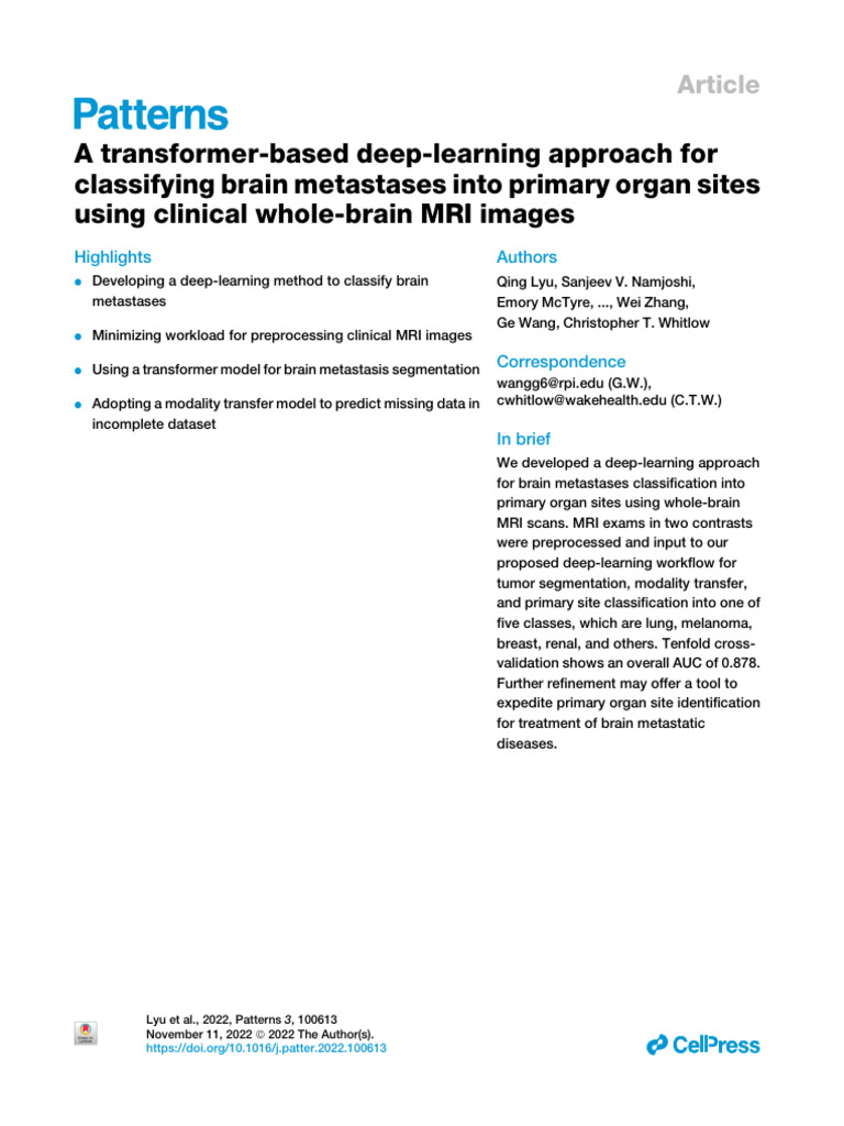 A Transformer Based Deep Learning Approach For Classifying Brain Me ...