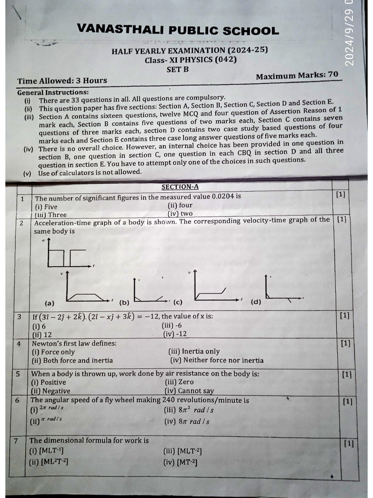 Physics Half Yearly Question Paper of Class 11th | PDF