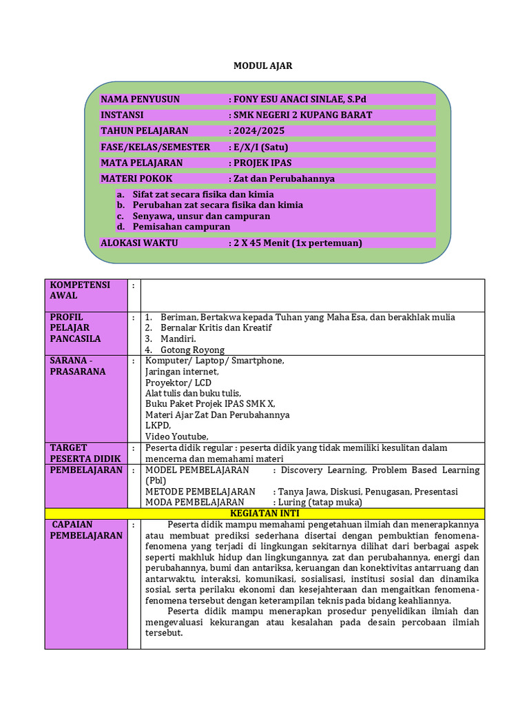 MODUL AJAR Bab 1 Zat Dan Perubahannya | PDF
