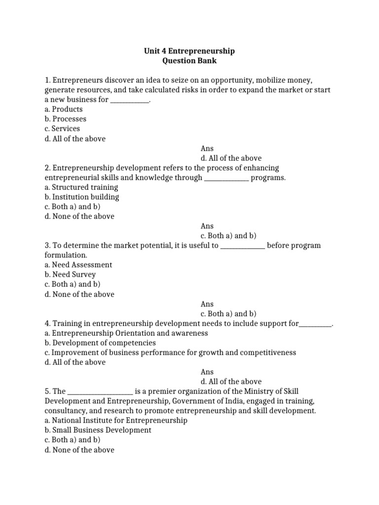 Unit 4 Entrepreneurship QB | PDF | Entrepreneurship | Goal