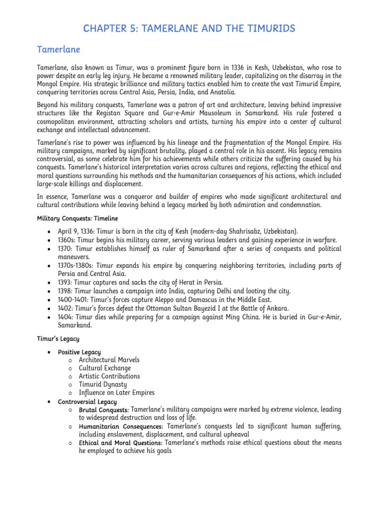Chapter 5 Tamerlane and The Timurids Notes | PDF | History