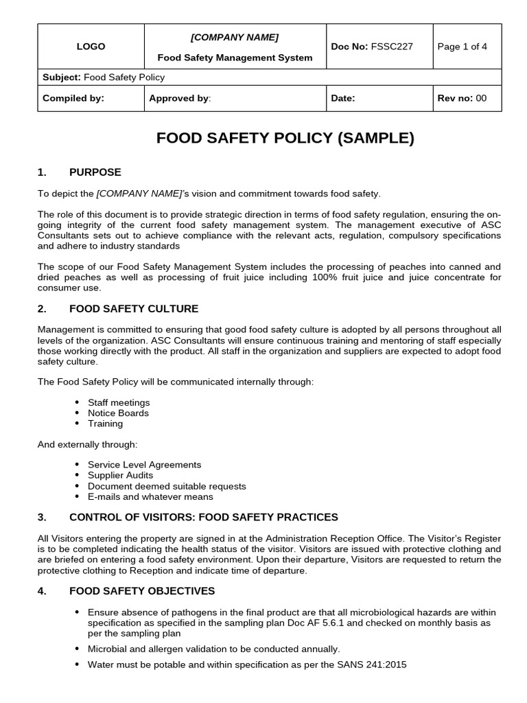 FSSC227 Food Safety Policy Sample | PDF | Food Safety