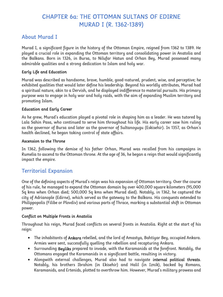Chapter 6a Murad I Notes | PDF | Ottoman Empire | Politics Of The ...