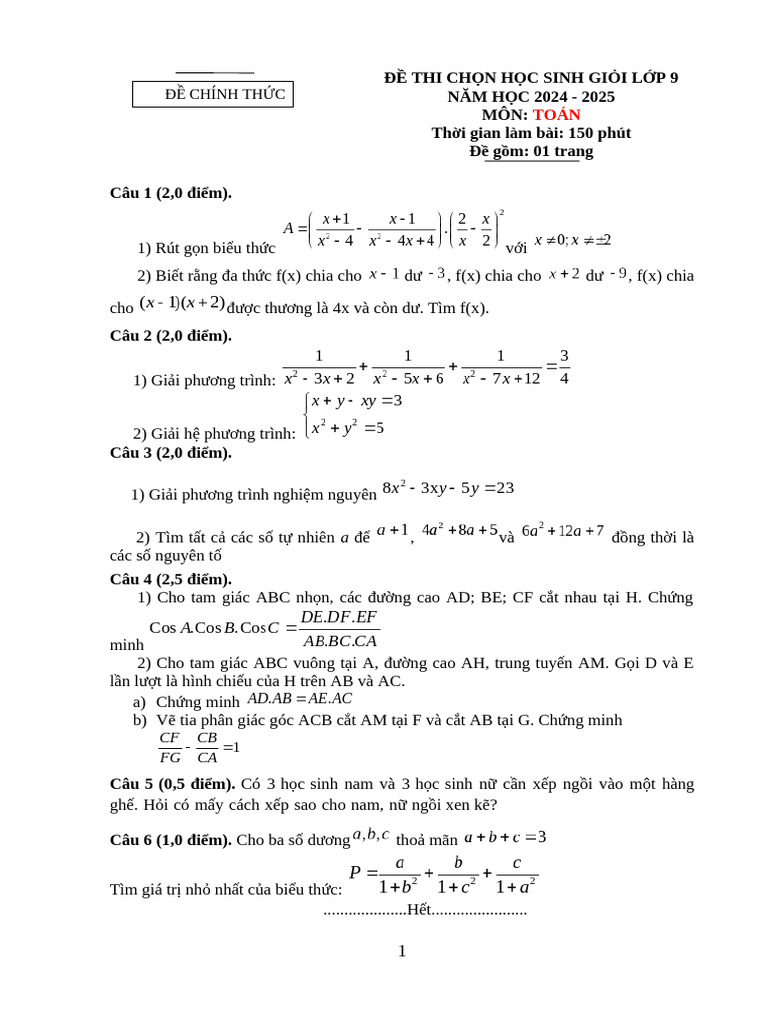 ĐỀ HSG HUYỆN TOÁN 9 NĂM 24-25 | PDF