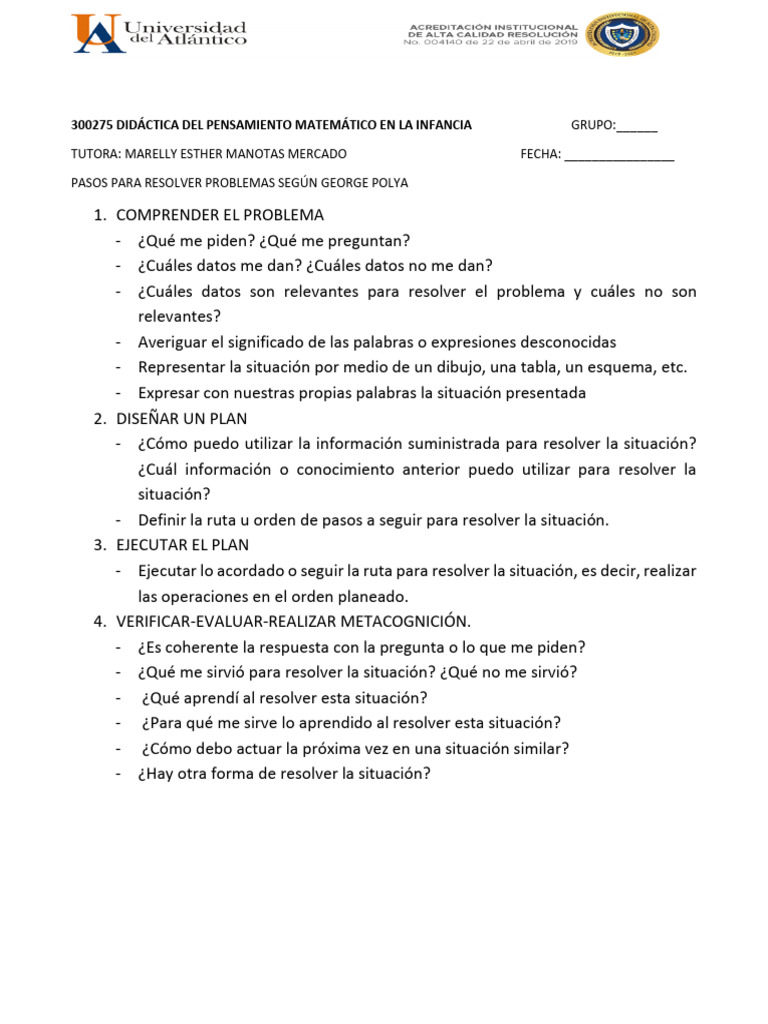 Pasos de Polya para Resolver Problemas | PDF