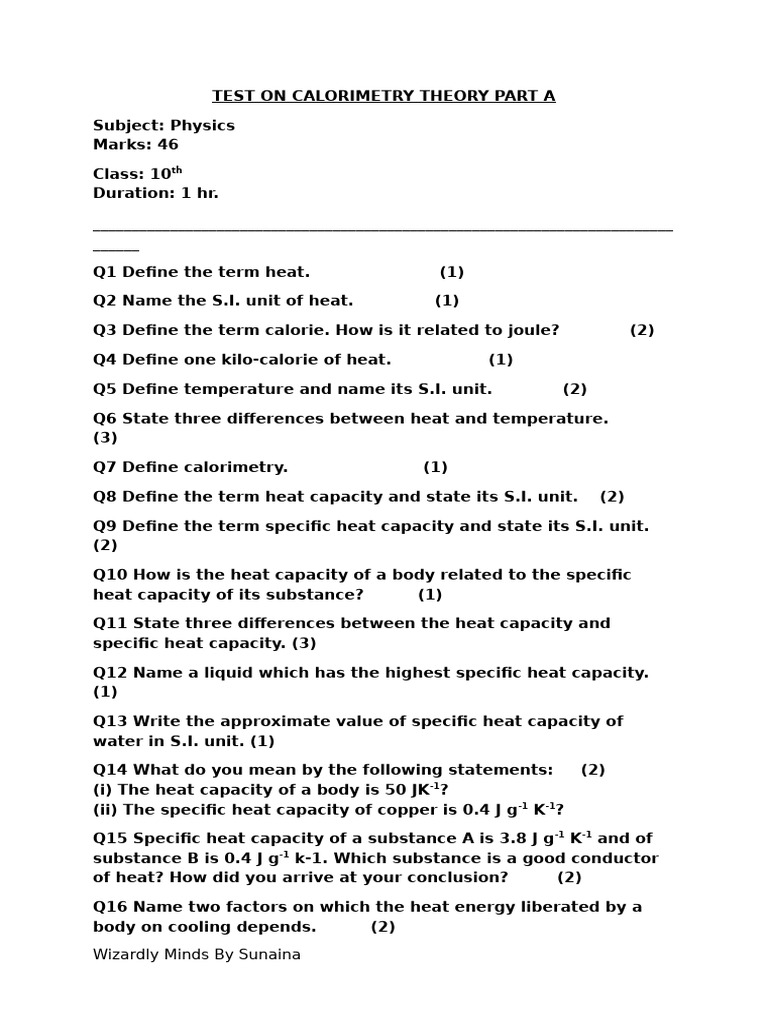 TEST ON CALORIMETRY THEORY PART A | PDF | Heat | Heat Capacity