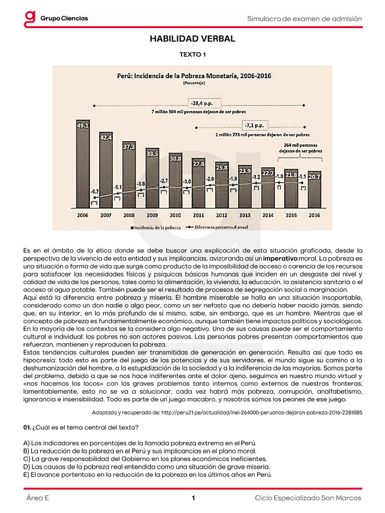 Especializado UNMSM - Área E - Simulacro 1° (Semana 1) | PDF